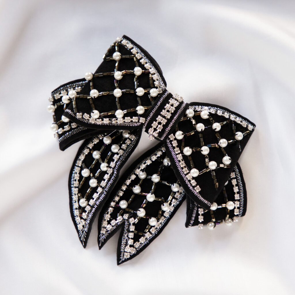 Black Velvet Pearls and Crystal Hair Bow - Luxury Hand Made
