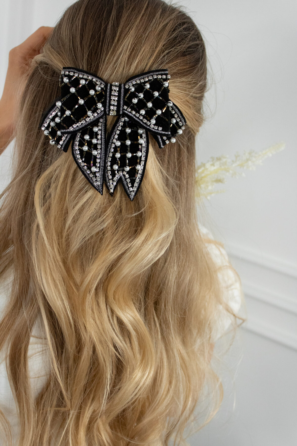 Black Velvet Pearls and Crystal Hair Bow - Luxury Hand Made